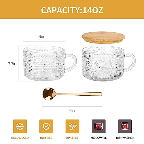 LUECMO Vintage Coffee Tea Cups [4 Pack], 14 oz Glass Tea Coffee Mugs, Clear Embossed Glass Cups for Cappuccino, Latte,Cereal, Yogurt, Beverage (2 sunflower + 2 raindrops)
