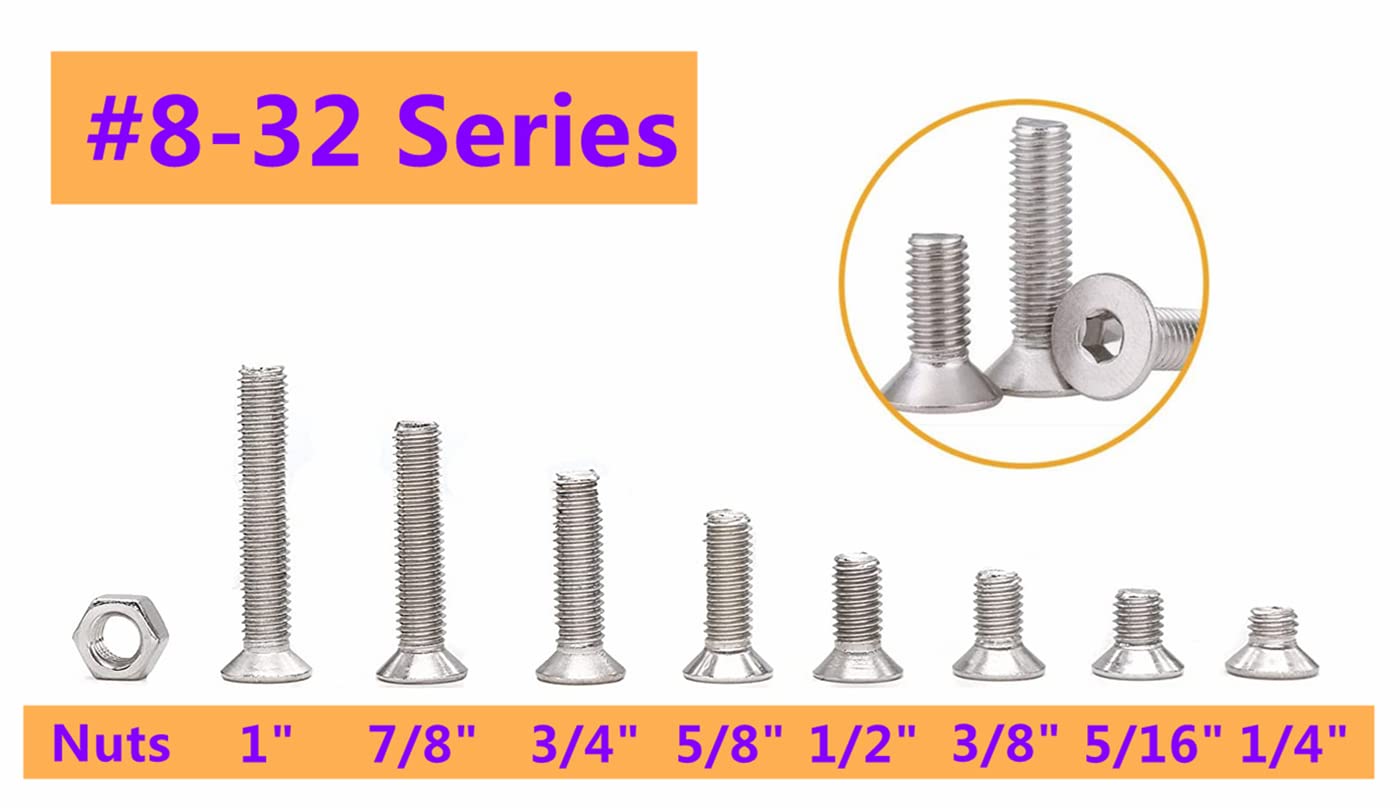 Guard4U 160Pcs #8-32 UNC 304-Stainless Steel Flat Head Countersunk Hex Socket Cap Bolts Screws Nuts Assortment Kit- #8-32x 1/4" 5/16" 3/8" 1/2" 5/8" 3/4" 7/8" 1"