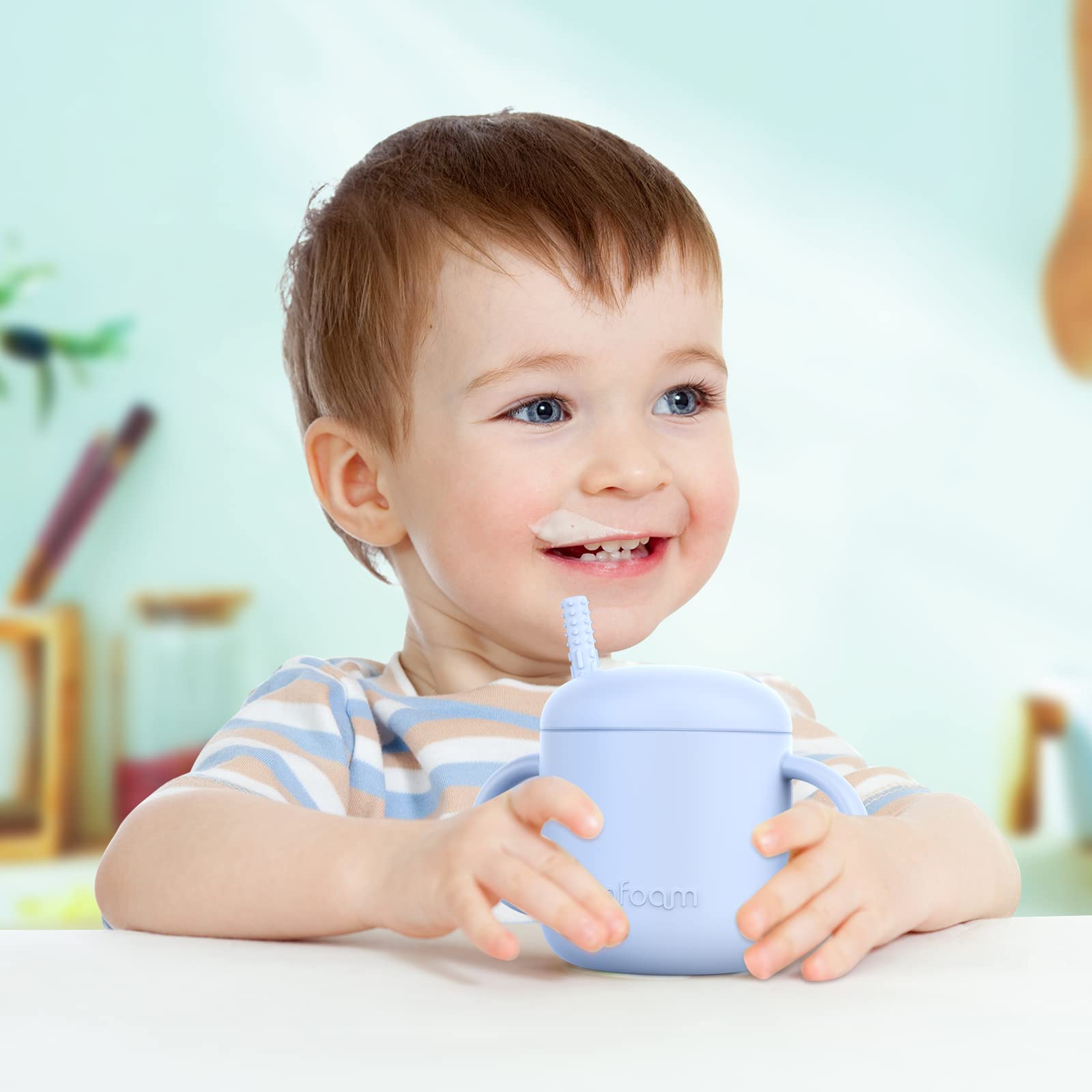 Gonfoam Silicone Sippy Cups, Baby Straw Cup with Handles Lids, 7oz Training Cup for Toddler Baby 6+ Month (Blue)