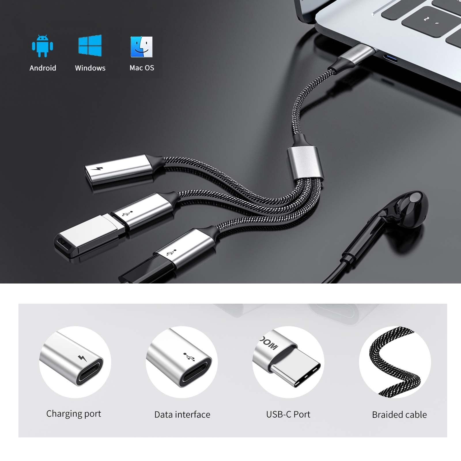 Fidioto USB C Male to Three USB C Female Cable Adapter, 3-in-1 USB C to USB C Female Adapter for Mac,Xbox One Series X/S,PS4,PS5,Laptop