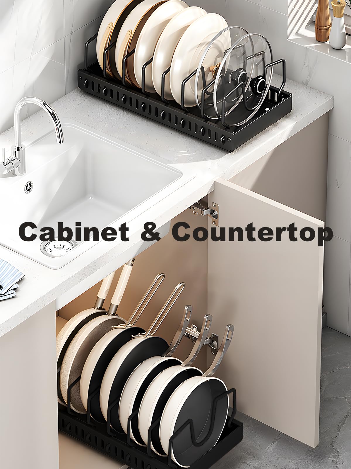 HOTEC Pull Out Pots and Pans Organizer for Kitchen Cabinets β Versatile Under-Cabinet or In-Cabinet Pot Lid and Pan Rack with 8 Adjustable Dividers, Adhesive Nano Strip/Screw Installation