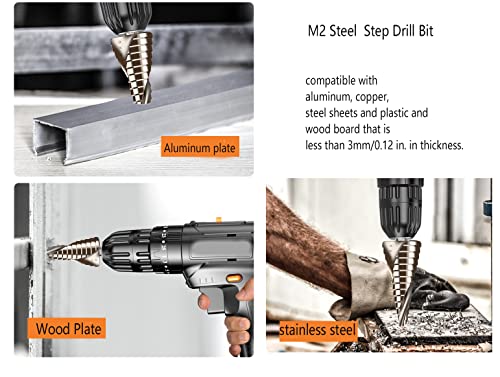 HSS6542 M2 Steel Spiral Groove Unibit HSS Step Drill Bits Set for Metal Stainless Steel Wood Step Cone Drill Hole Cutting Tool, Set of 3