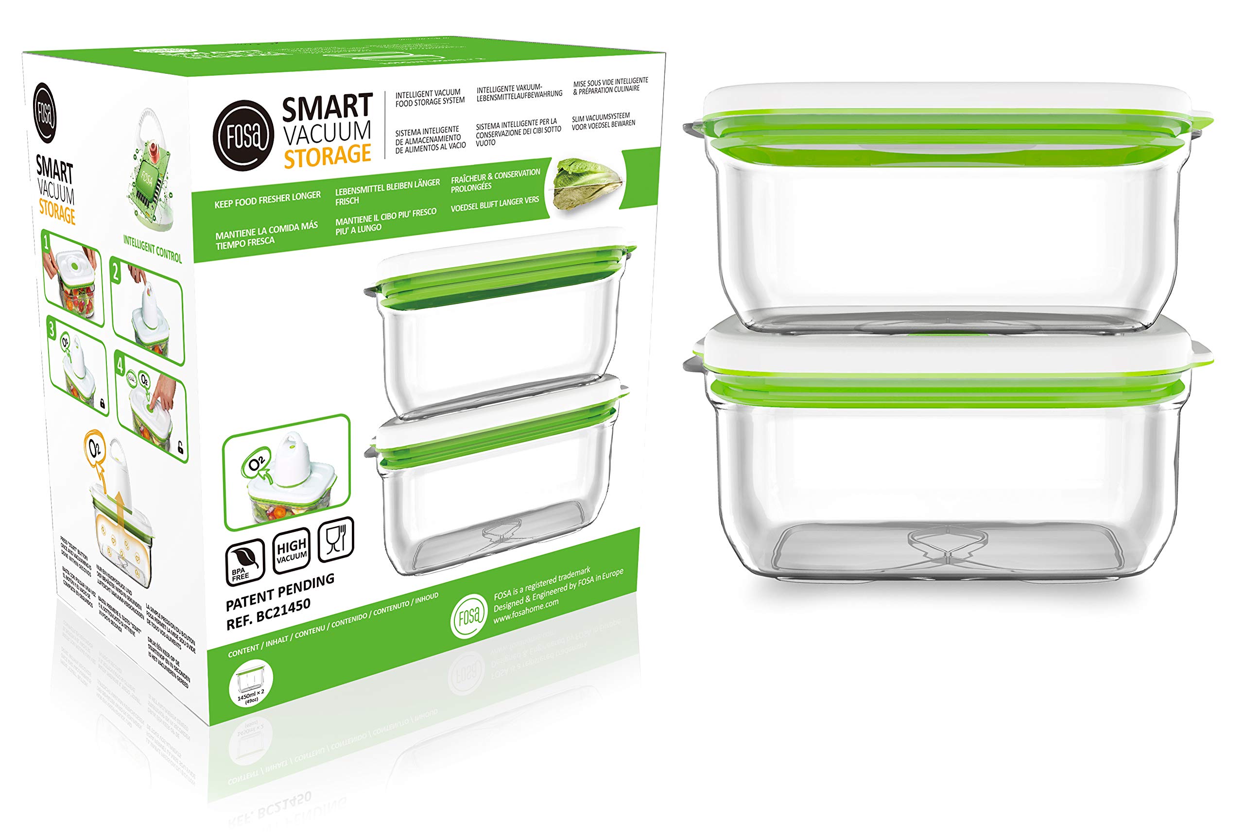 FOSA Vacuum Seal Food Storage System Reusable Medium Containers, 2 pack, 49 oz size (Vacuum Pump not Included)