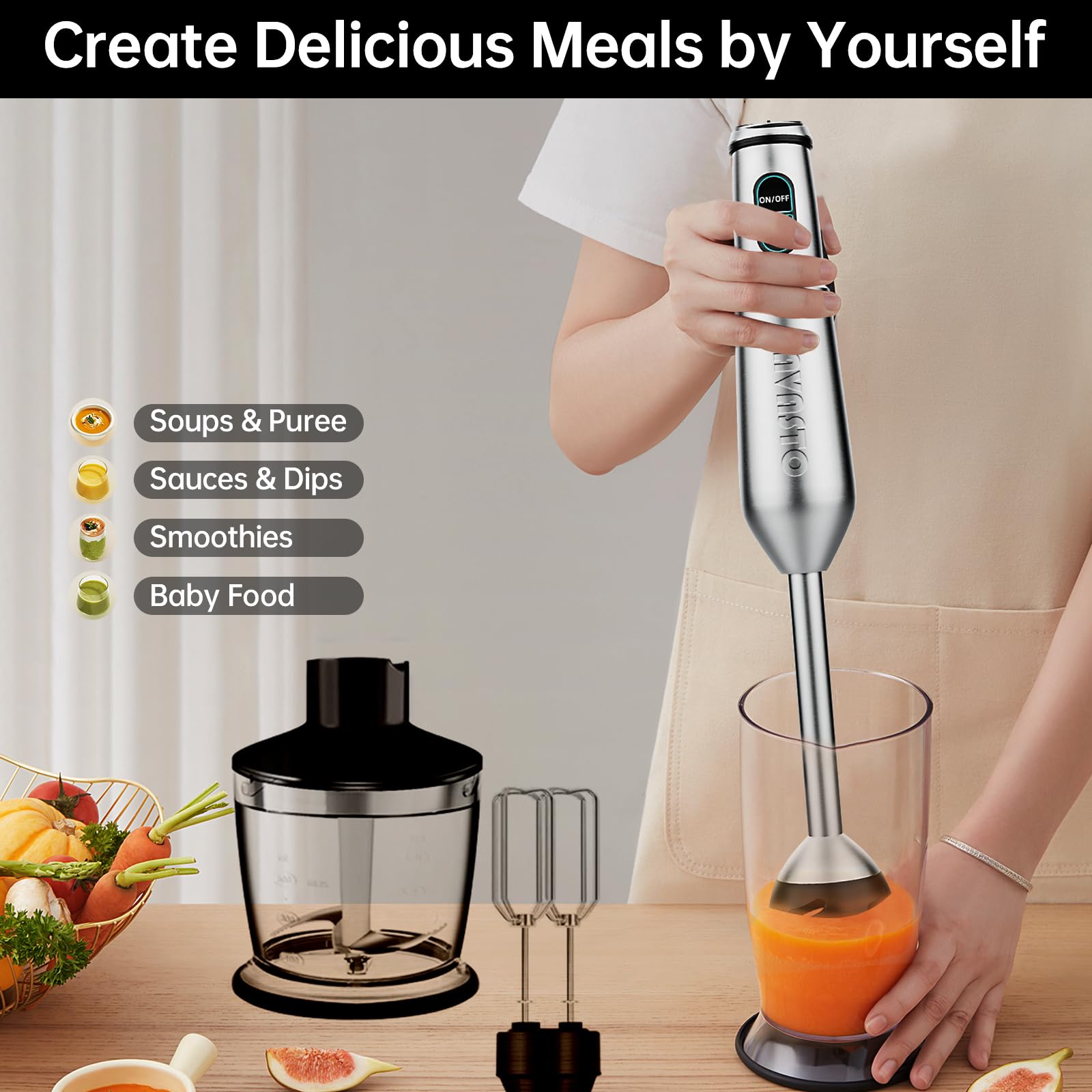 Gavasto Immersion Blender 1000 Watts Scratch Resistant Hand Blender,20 Speed and Turbo Mode Hand Mixer, 3-in-1 Heavy Duty Copper Motor Stainless Steel Smart Stick with Egg Beaters and Chopper