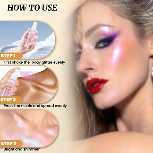 DAGEDA Body Glitter Spray, Pink Glitter Hairspray for Face,Hair and Body, Body Shimmer High Gloss Liquid Highlighter Makeup Moisturizing, Sparkle Glitter Body Glow for Rave Accessories 2.02 Fl.oz
