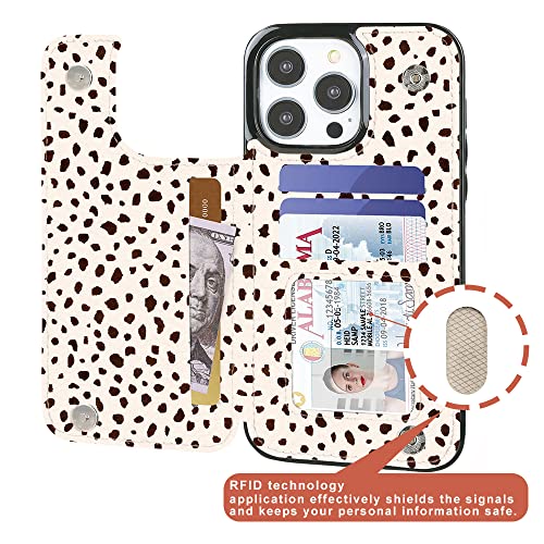 uCOLOR Compatible with iPhone 14 Pro Max 6.7" Wallet Case with Card Holder Folio Flip PU Leather Kickstand Card Slots Double Magnetic Clasp and RFID Blocking Cover 6.7 Inch (Almond Latte Polka Dot)