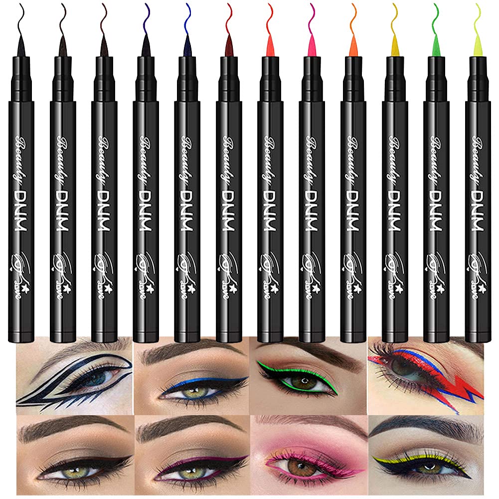 evpct 12Pcs Colors Matte Waterproof Colored Liquid Eyeliner Colorful Set Rainbow Colorful Neon Winged Eyeliner Stamp Shapes delineador de ojos de colores Red Orange Pink Black Blue Liquid Eye Liners