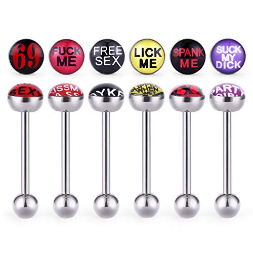 COTTVOTT Novelty Letter Stainless Steel Tongue Rings Body Piercing Jewelry Barbells(12pcs mix)