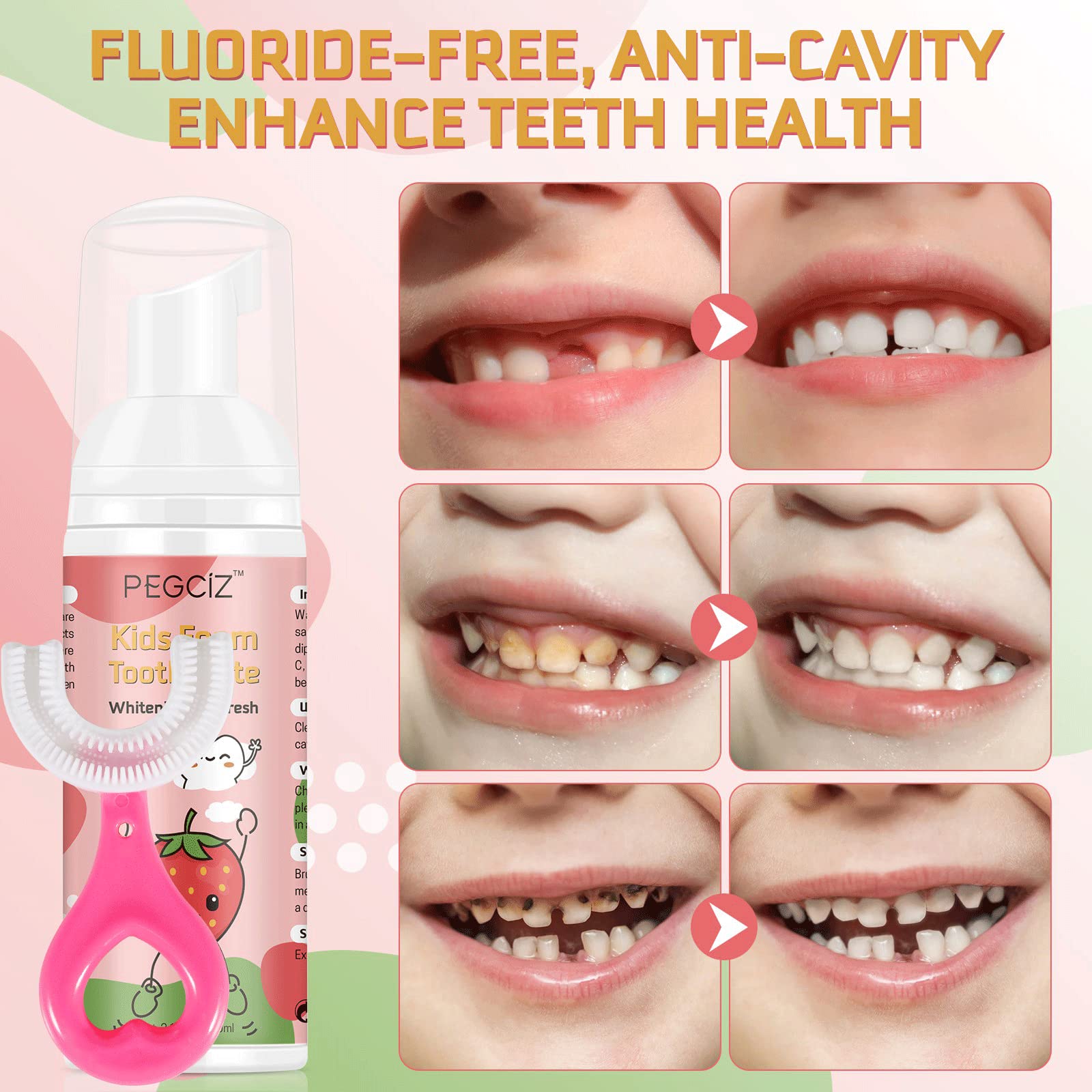 Foam Toothpaste Kids with Low Fluoride & U-Shaped Toothbrush Combo Pack,Manual Toothbrush with Food Grade Soft Silicone Head,360° Oral Teeth Clean Design Ages 2-6,Strawberry Flavor