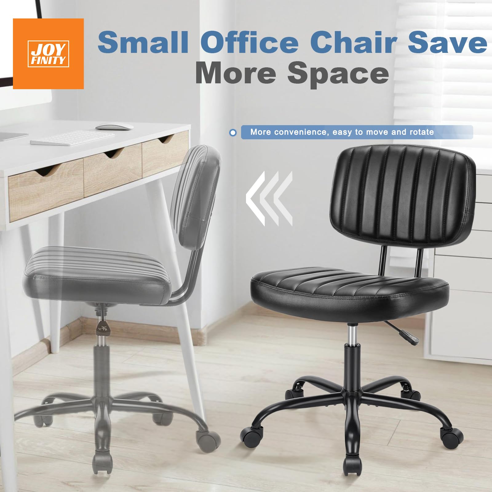 Joyfinity Office Computer Chair with Wheels Armless Comfy Ergonomic Chair with Back Support, 360°Rolling Swivel Chair with Height Adjustable PU Leather Low Back for Home, Bedroom, Study, White