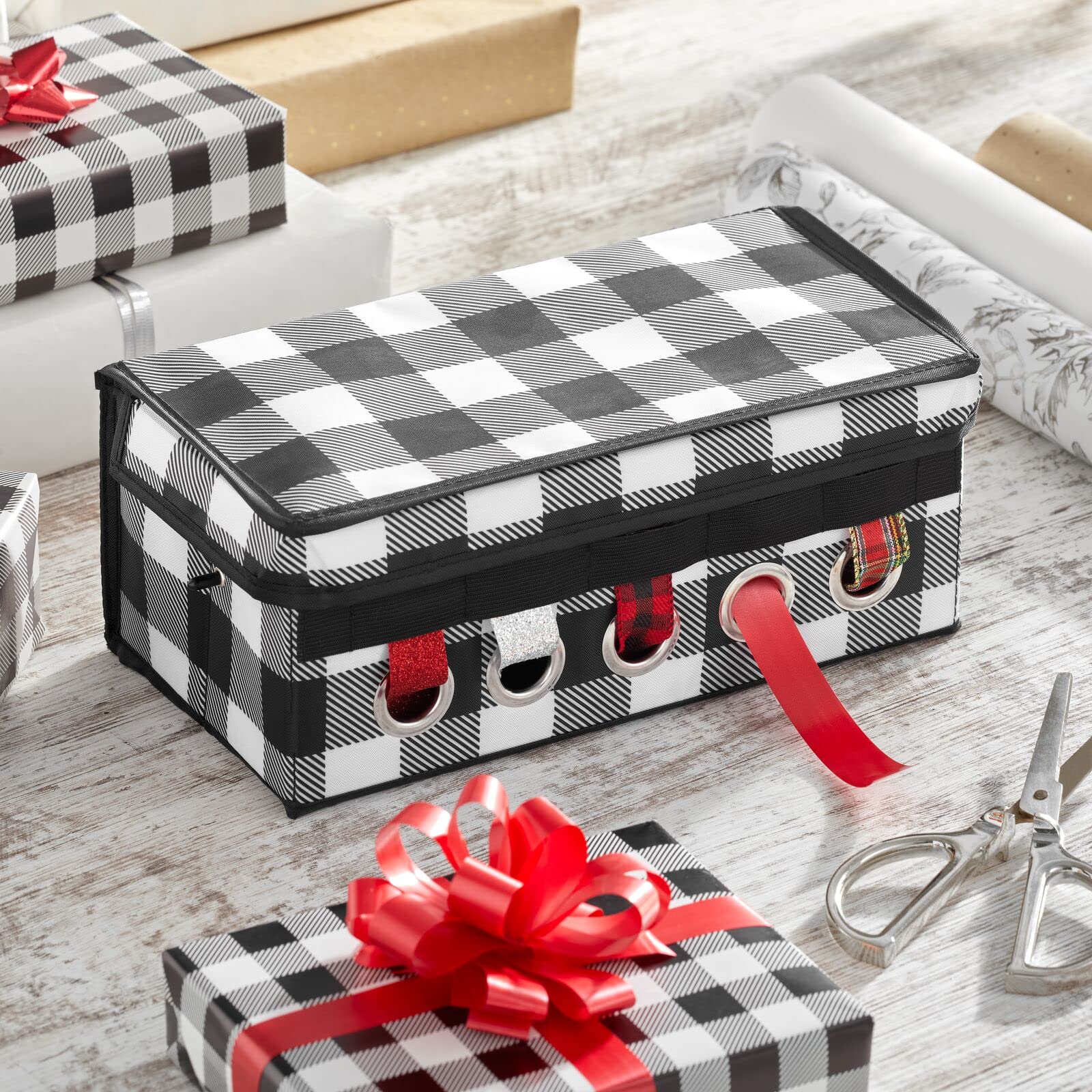 mDesign Gift-Wrapping Ribbon Storage Box with Handles - Holiday Bow Organizer Container with Lid - Christmas Giftwrap Ribbon Holder - Gift Storage Tote Bin and Bow Station - Buffalo Plaid Black/White
