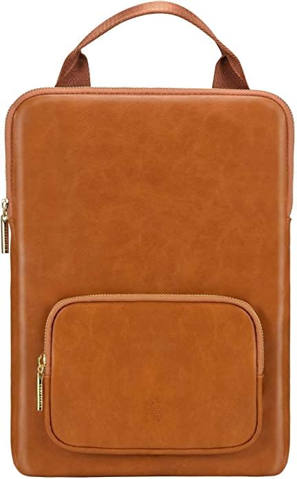 Comfyable Laptop Sleeve Bag 14 Inch Compatible for MacBook Pro 14 Inch 13 Inch, MacBook Air 13 in M2 M1 with Handle & Pocket - Faux Leather Computer Carry Briefcase-Brown