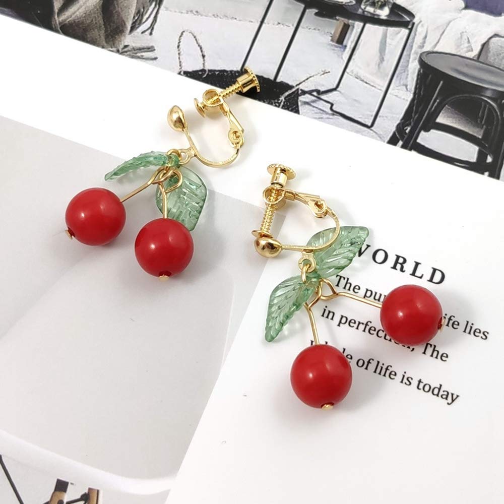 Cute Cherry Clip on Fruit Earrings for Women Red Cherry Ear Clips Dangle Drop Jewelry (1 Pairs)