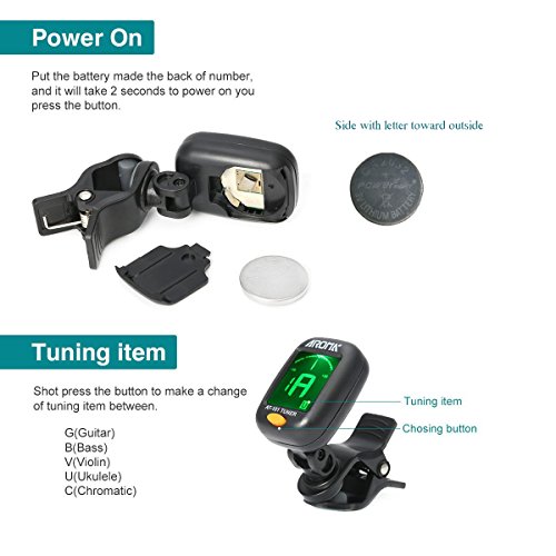 Clip On Guitar Tuner For All Instruments, Ukulele, Guitar, Bass, Mandolin, Violin, Banjo, Large Clear LCD Display For Guitar Tuner, Chromatic Tuner