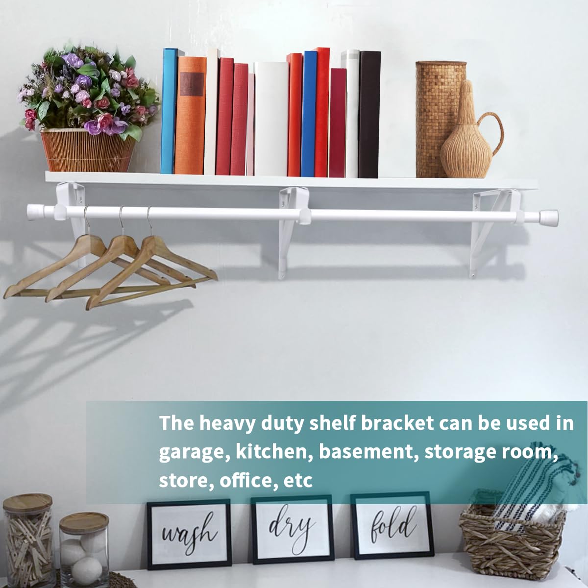 Closet Rod Brackets, Heavy Duty Closet Rod Support White Closet Brackets with Rod Holder Wall Mounted Shelf Bracket Clothes Hanger for Shelf Storage and Closet Rod, 4 Pack