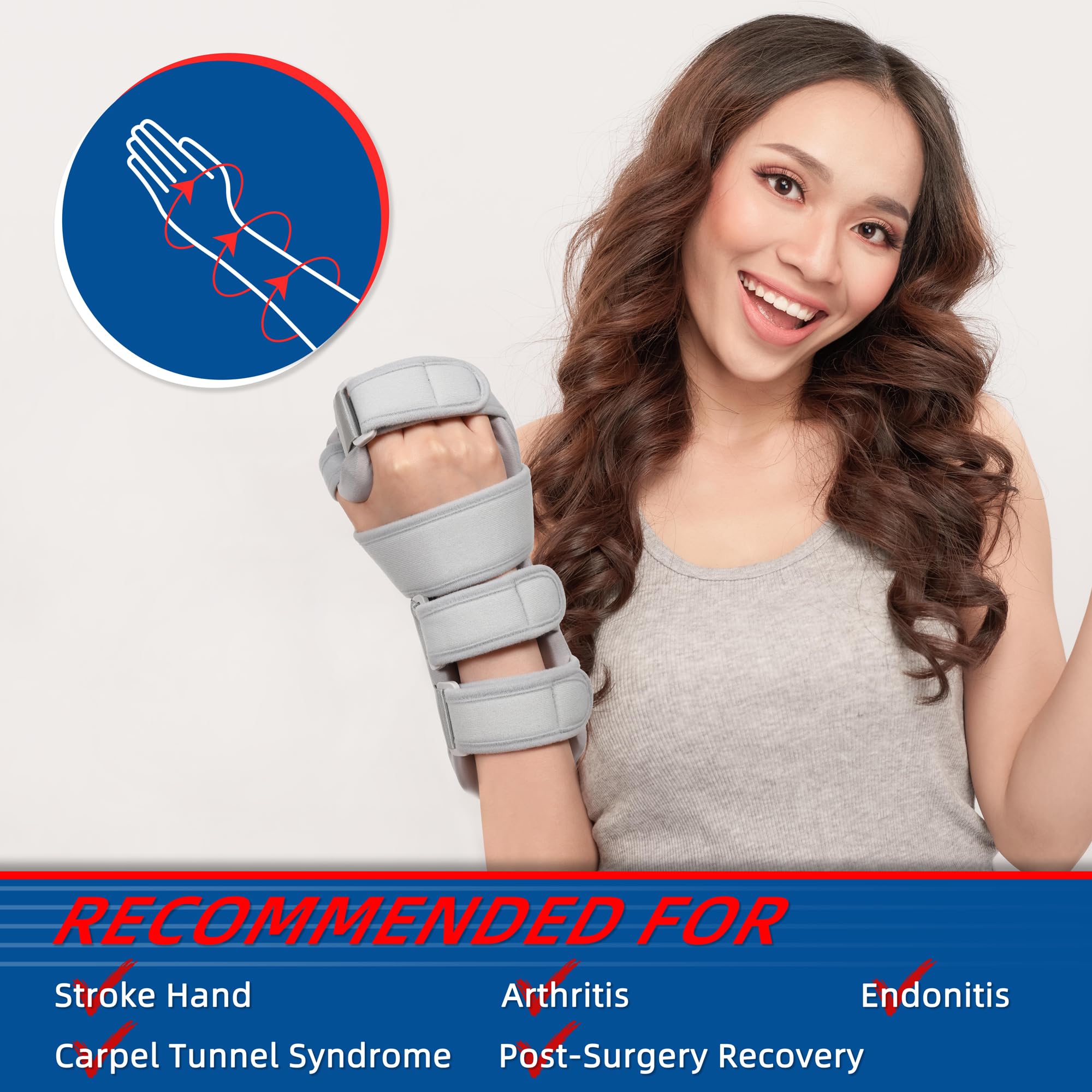 Fanwer Stroke Resting Hand Splint - Night Immobilizer Wrist Finger Brace for Flexion Contractures, Functional 5 Finger Stabilizer Wrap - for Muscle Atrophy Rehab, Arthritis, Carpal Tunnel Pain(Grey)