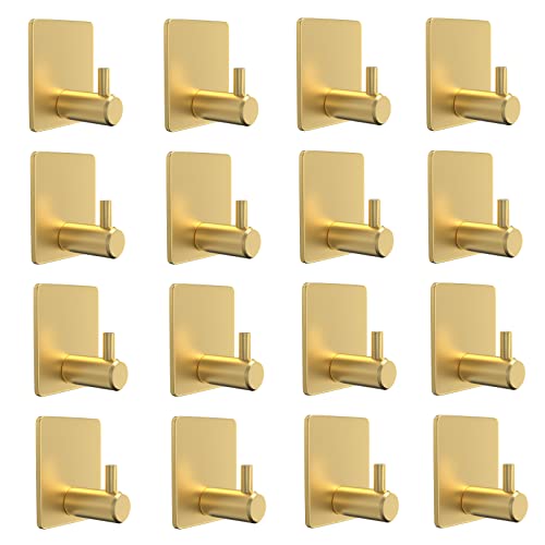 HUFEEOH Adhesive Towel Hooks, Stick on Hooks Adhesive Towel Hanger for Bathroom, Bedroom, Kitchen, Restroom, Hotel and Wall Mounted (16PC, Gold)