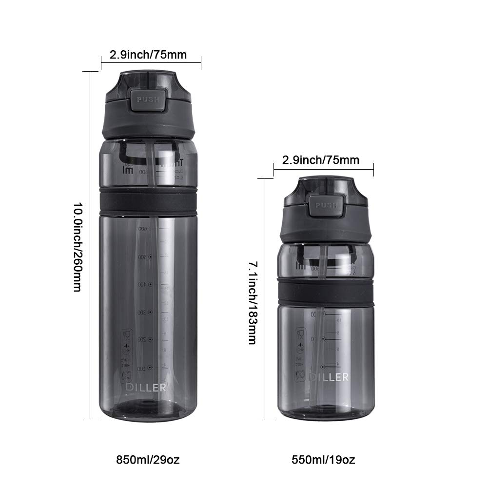 Diller Water Bottle with Straw, 28 or 18 oz BPA Free Plastic Water Bottle with Leak Proof Flip Top Lid for Gym Camping Workouts Outdoors (Clear Green, 28 oz)