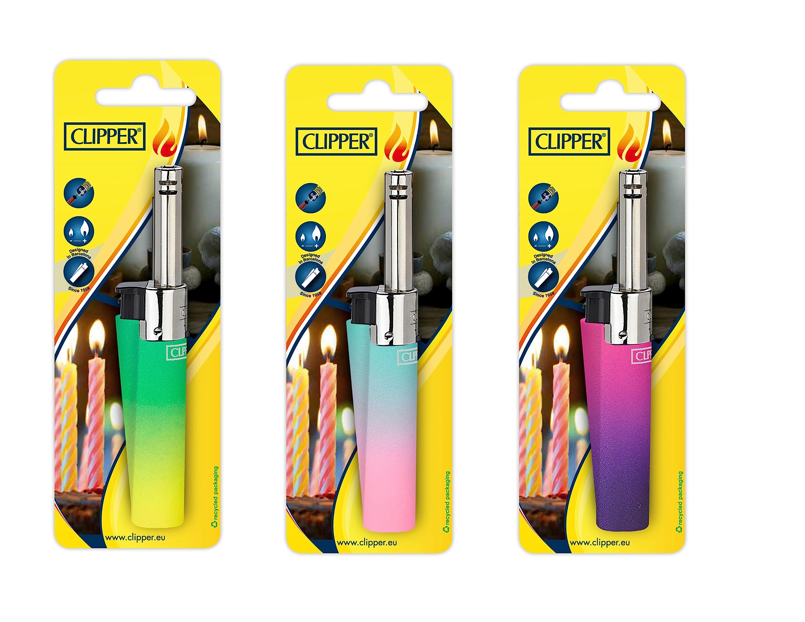 Clipper - Mini Tube Reusable Lighter - Refillable Candle Lighters with Extended Wand and Adjustable Flame - Great Lighters for Candle, BBQ, Firepits, and Use in The Outdoors - 3 Pack - Gradient