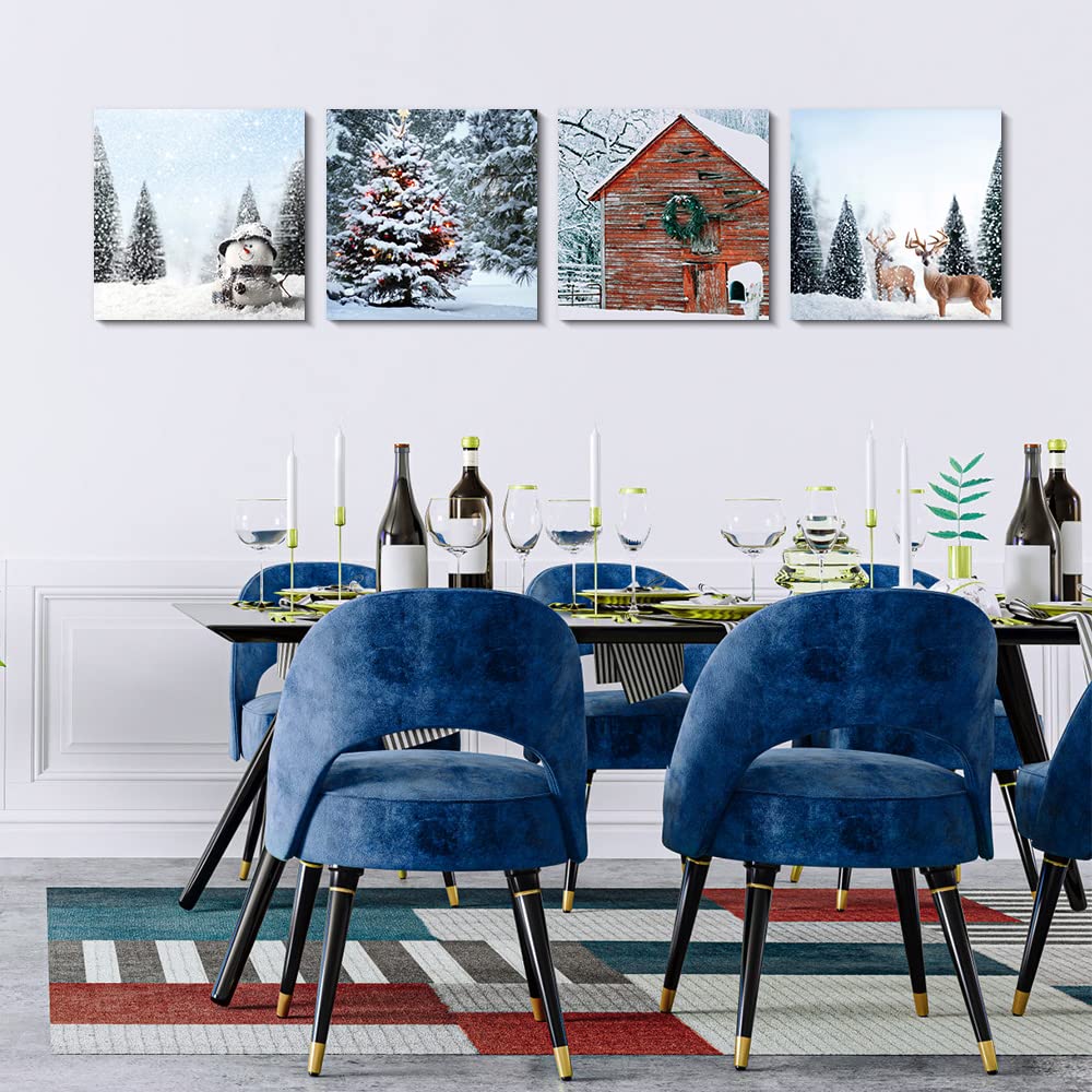 Christmas Canvas Wall Art Snowy Scenery Red Cottage Cute Snowman Canvas Prints for Living Room Kitchen Bathroom Home 12x12 Inches