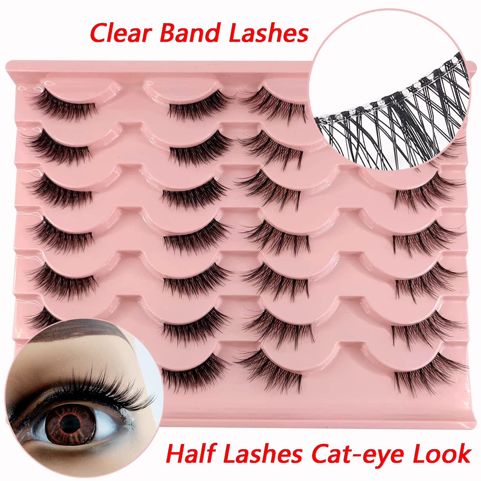 Half Lashes Natural Look with Clear Band Cat-Eye Lashes Wispy Fluffy Faux Mink Accent False Eyelashes, 2 Styles Mixed 3/4 Corner Lashes Reusable Soft DIY Cluster Lashes Pack 14 Pairs by Heracks(07+01)