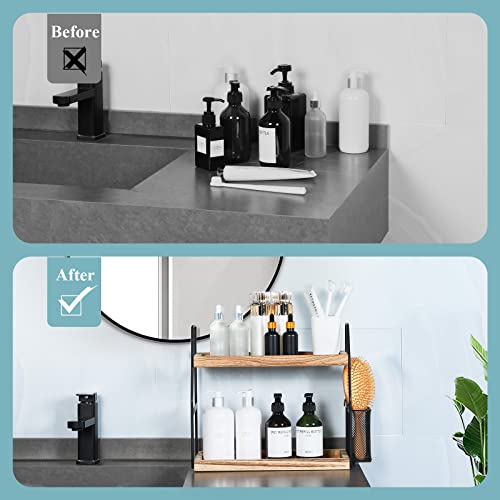 Nroech Bathroom Organizer Countertop, 2-Tier Standing Counter Shelf with Basket, Wood Tray for Kitchen Vanity Organizer