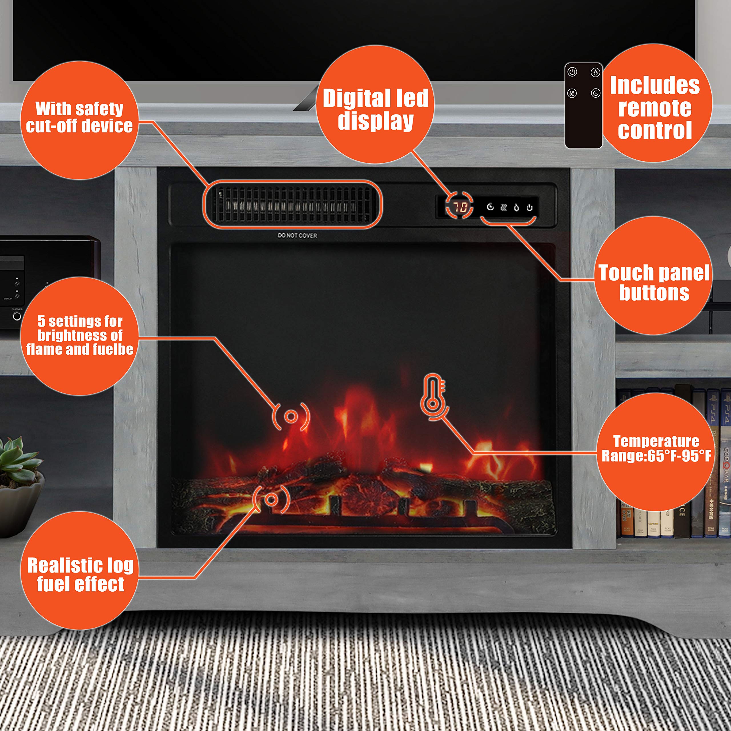ENSTVER 58" TV Stand with Electric Fireplace,Fireplace Console,Storage Shelves Entertainment Center for Living Room,Gray