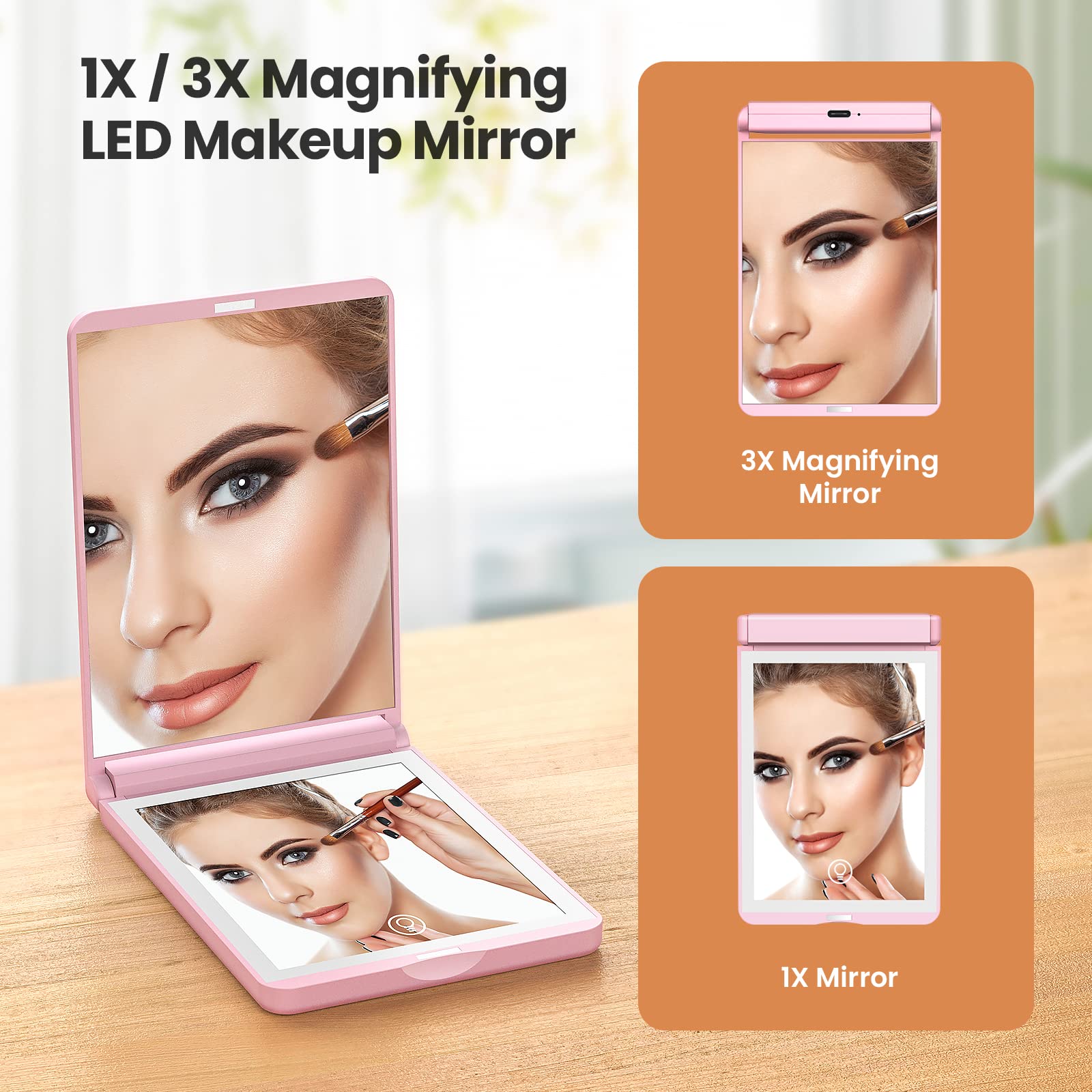 Gospire Standing LED Travel Makeup Mirror with Lights and Magnification 1X/3X, Rechargeable Compact Mirror with Adjustable Brightness, Foldable Small Vanity Mirror Handheld for Purses – Pink