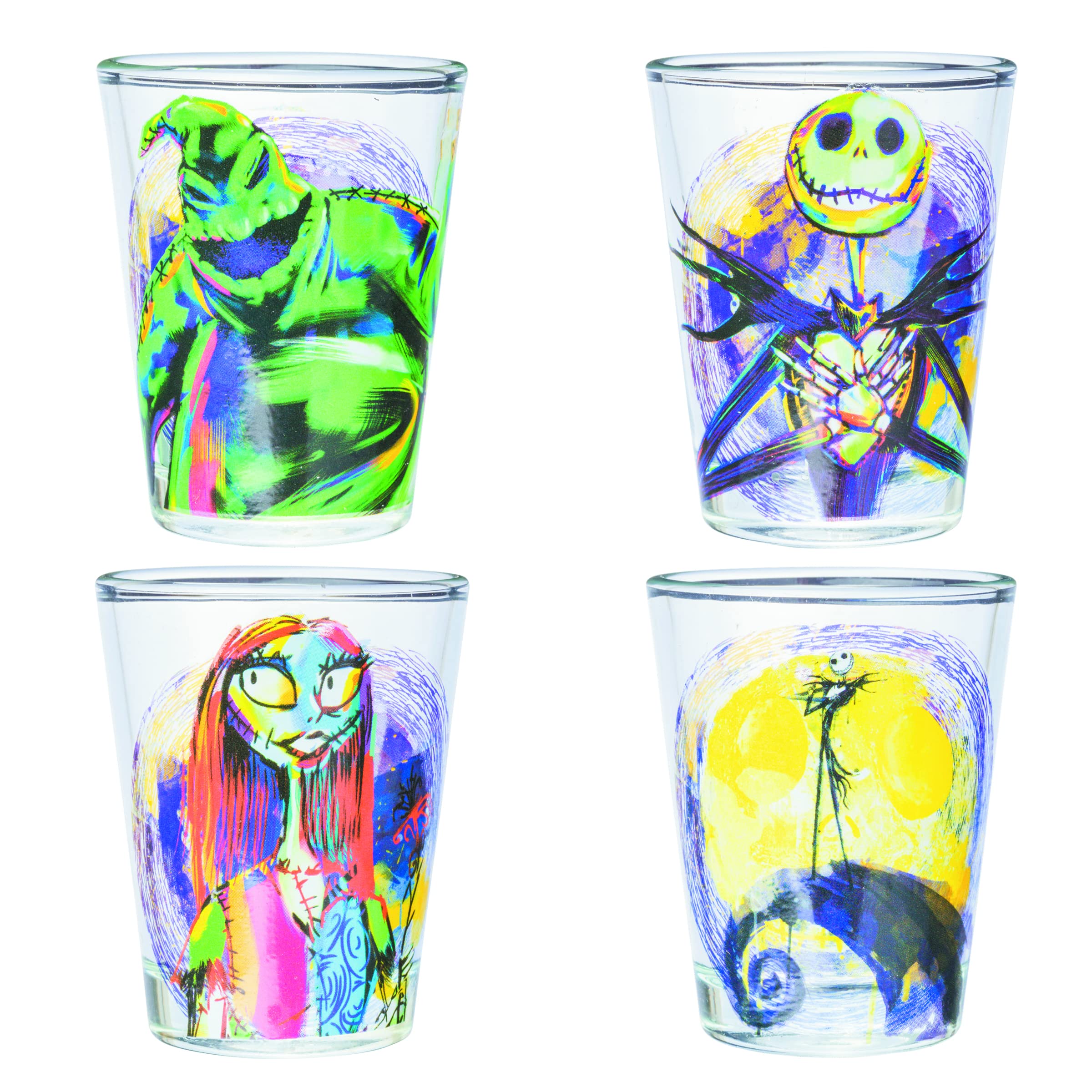 Silver Buffalo Disney Nightmare Before Christmas Splatter Characters 4pc Mini Glass Set, 1.5 Ounces
