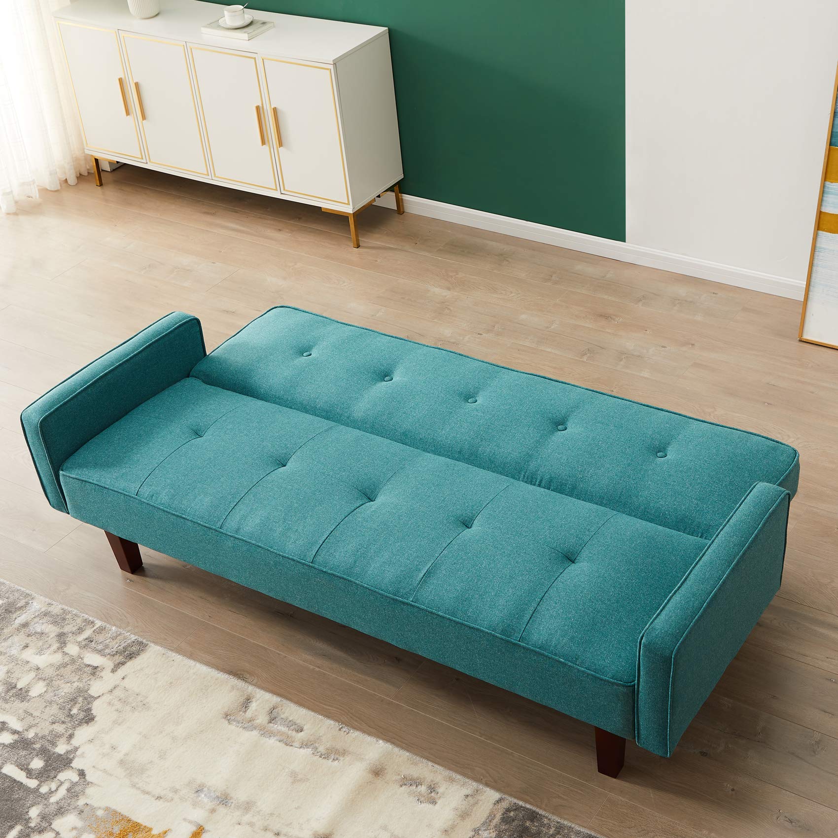 Olela Sofa Bed Convertible Sofa Couch Futon Sleeper Linen Fabric Reclining Sofa with Armrest Wood Legs for Living Room Furniture (Green)