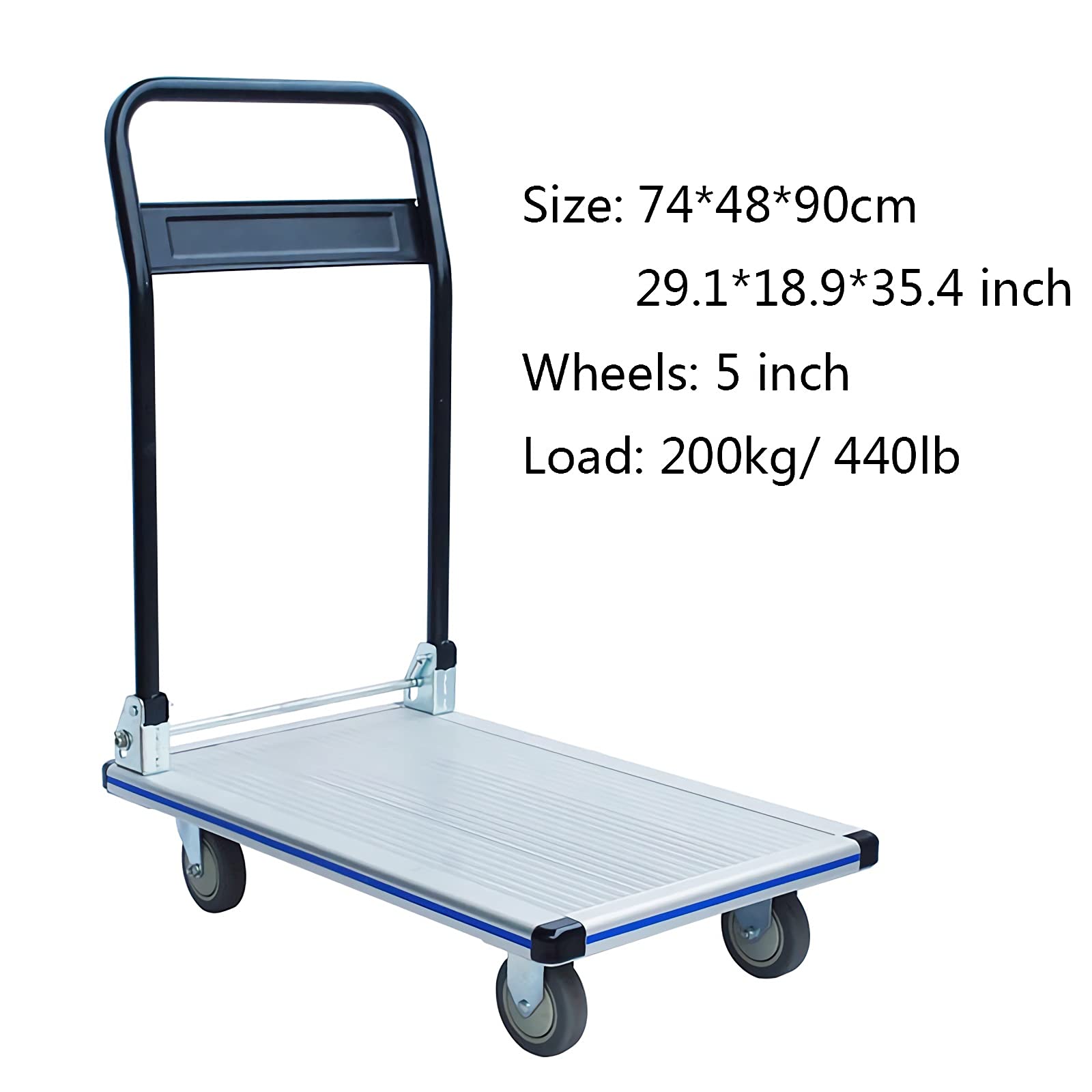 Folding Hand Truck Folding Platform Truck Aluminum Alloy Hand Cart with Wheels and Foldable Handle Push Trolley for Luggage Parcel Tools Moving Portable Dolly for Moving (Size : 74 * 48)