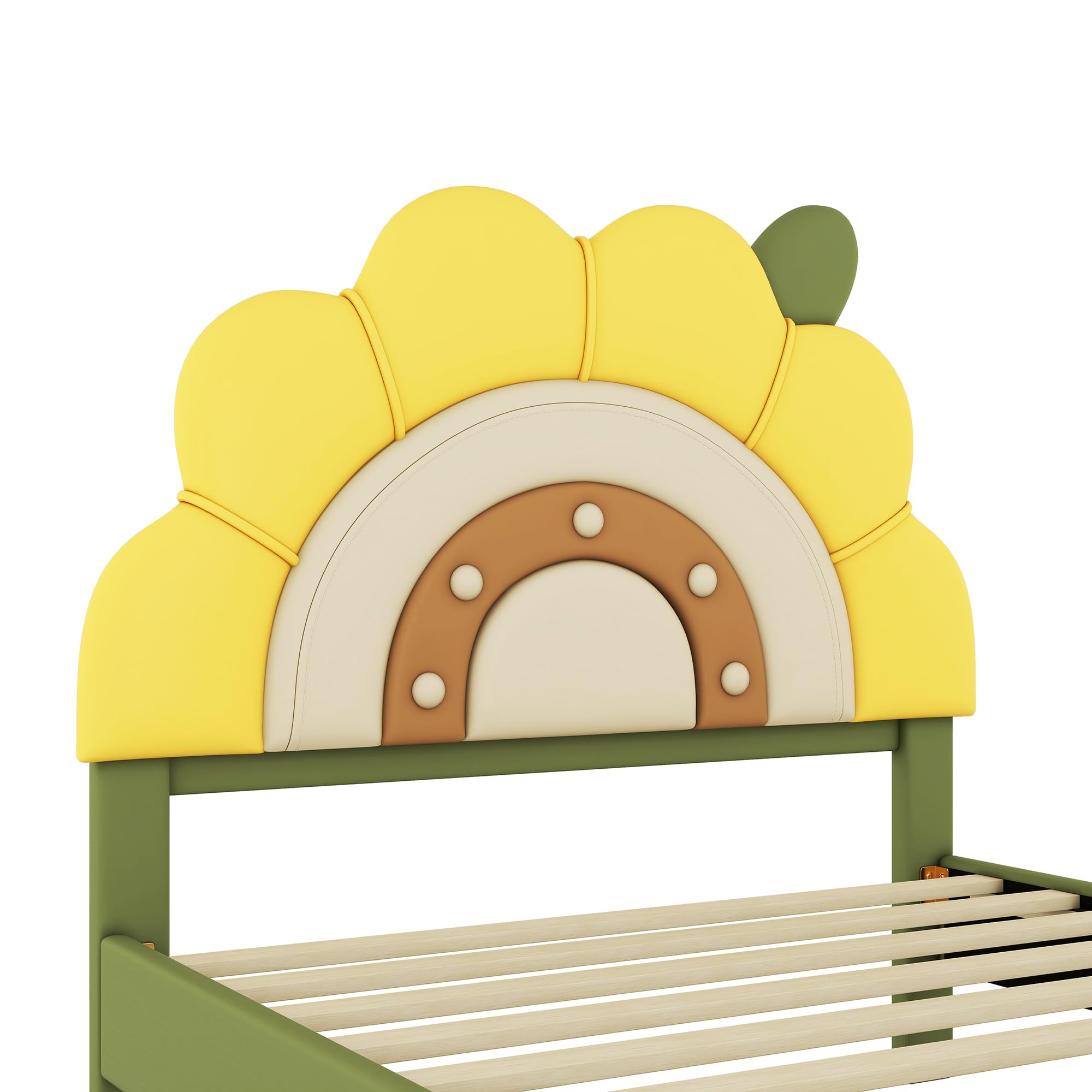 MERITLINE Twin Size Upholstered Platform Bed with Sunflower Shaped Headboard, PU Upholstered Twin Size Bed Frame for Kids Teens, Boys Girls,Green + Yellow