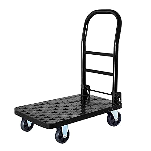 Folding Hand Truck Push Cart Dolly Steel Deck Platform Truck with Foldable Handle and Silent Wheels for Flowerpots Luggage Toolbox Cooler Moving Portable Dolly for Moving (Size : 5in Wheels with b