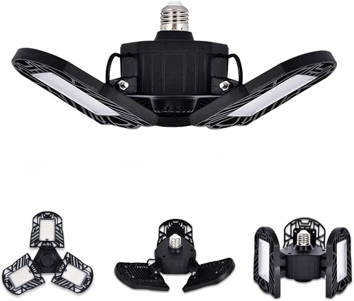 Deformable LED Garage Lights, E26 Base 60W LED Ceiling Lights, 6000LM 6000K Super Bright Shop Light with 3 Adjustable Angle Panels for Workshop, Warehouse, Basement Cellar, Full Area Basement etc