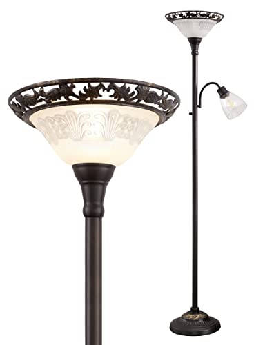 Luvkczc Victorian Floor Lamp, 70" Elegant Standing Lamp with Etched Glass Shade, Metal Body & Heavy Base, Vintage Tall Corner Lamp for Bedroom, Living Room, Den, Office. No Bulbs (2 Head)