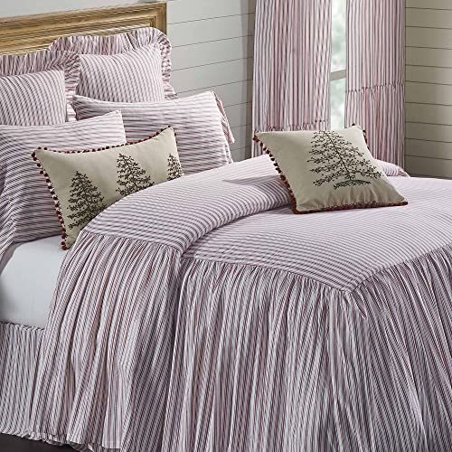 Piper Classics Timeless Ticking Red Ruffled California King Bedspread, High Skirt on 3 Sides, Vintage Farmhouse Bedding, Christmas