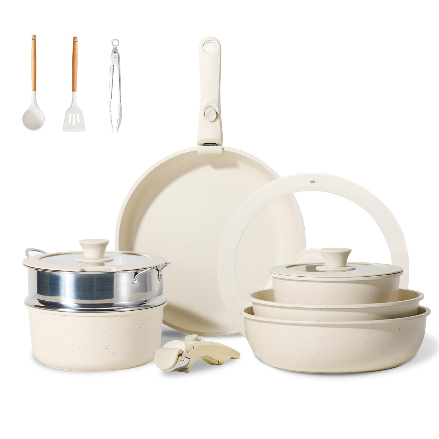 JEETEE Pots and Pans Set Non Stick 24pcs, Kitchen Cookware Sets with Detachable Handle, Induction Nonstick Cookware Set with Removable Handle, Stackable RV Cookware, Oven Safe, PFOA Free, Black