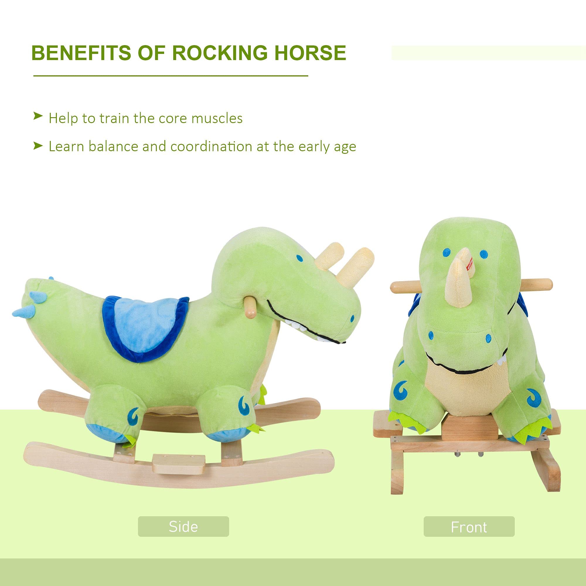Qaba Kids Plush Ride-On Rocking Horse Toy Dinosaur Ride on Rocker Green with Realistic Sounds