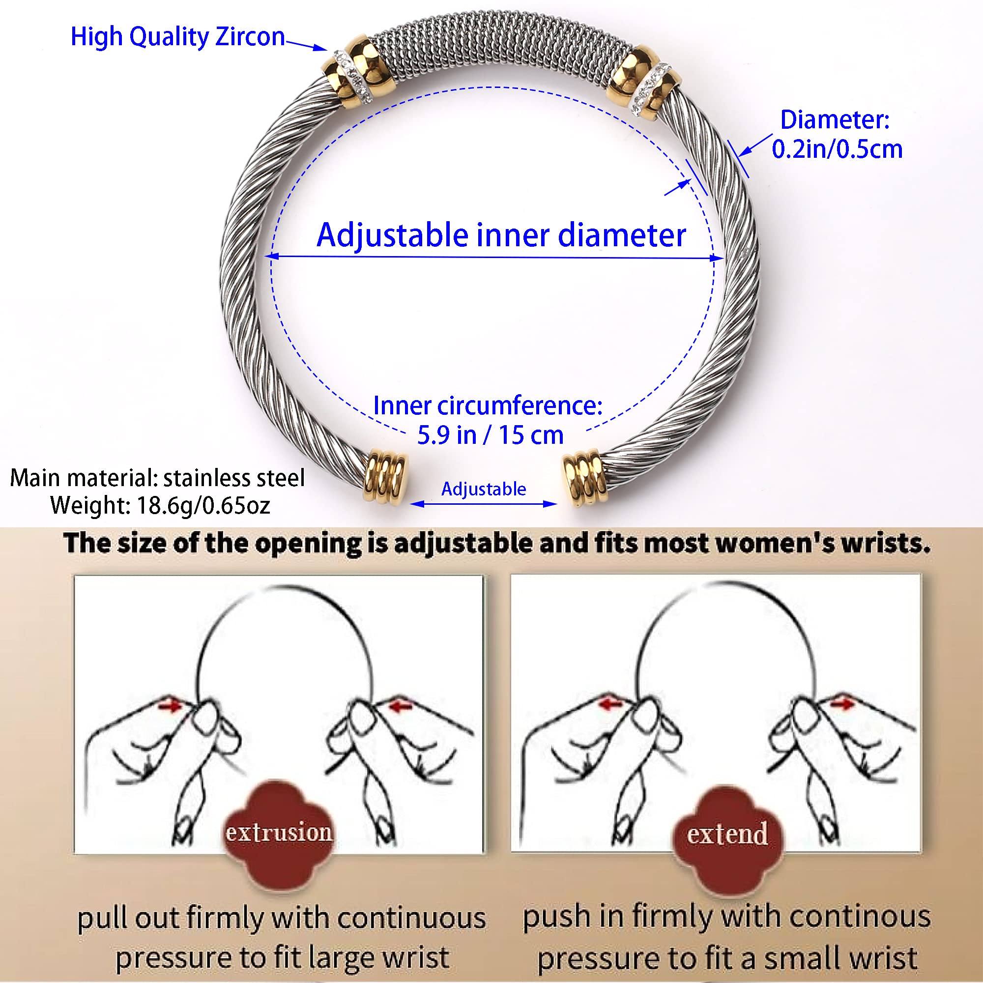 Dorriss Cable Bracelets for Women Thin Open Bangle Stainless Steel Personalized Elastic Adjustable Bangle Jewelry With Gift Box