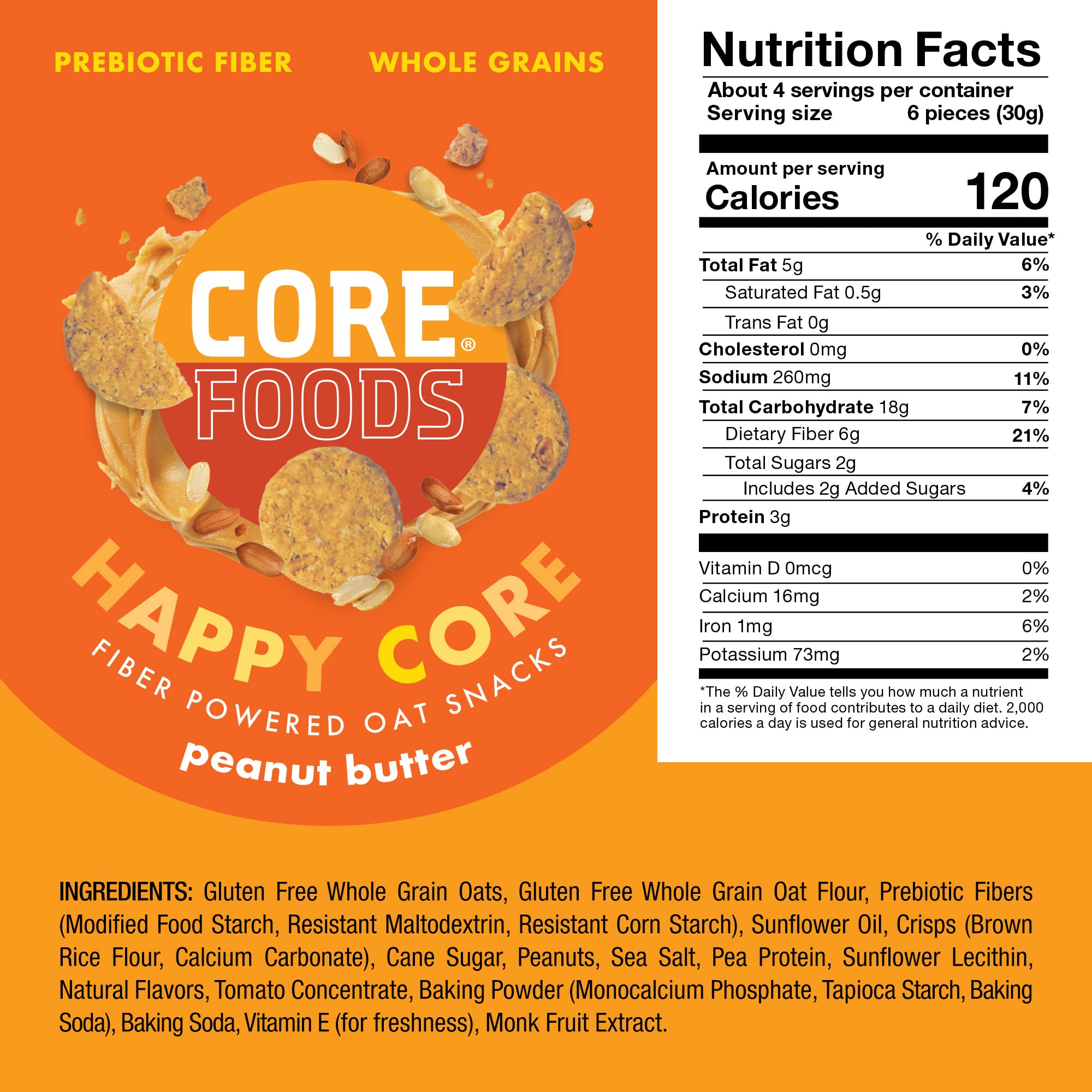 CORE Fiber Powered Oat Snacks, Peanut Butter, 4oz Bag, Plant-Based, 6g Prebiotic Fiber