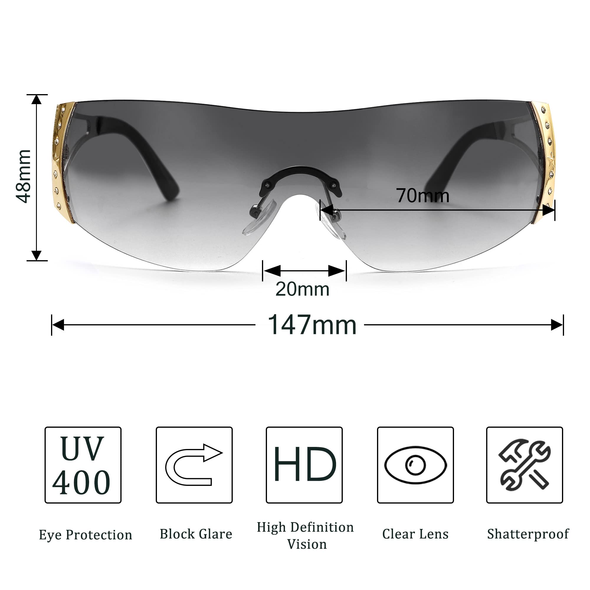 GUVIVI Y2K Sunglasses for Women Shield Rimless Frameless Rectangle Sunglasses Gradient Clear Lens Shield Sun Glasses Eyewear