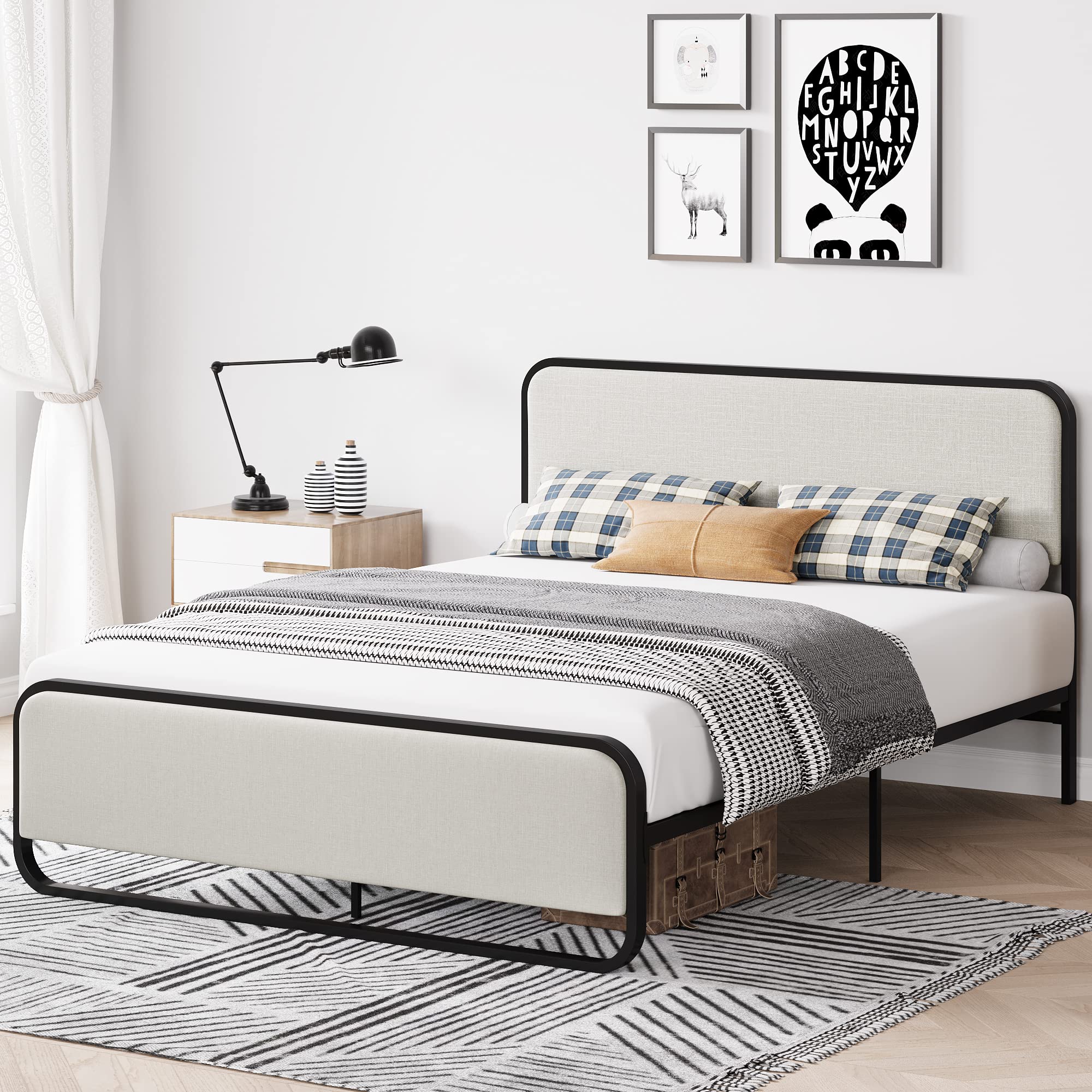 IDEALHOUSE Queen Size Bed Frame with Upholstered Headboard and Footboard, Metal Platform Bed with Curved Headboard, No Box Spring Needed, Beige