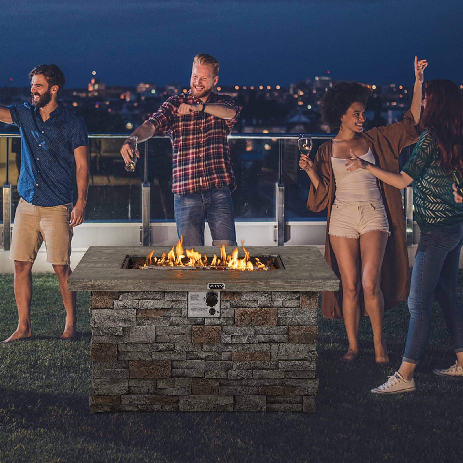 Giantex Propane Fire Pit Table - 2-in-1 Outdoor Rectangle Fire Table W/Volcanic Rock & PVC Cover, Stainless Steel Burner, 50,000 BTU Heat Output, Faux Stone Surface, 43.5β Gas Fire Pits for Outside