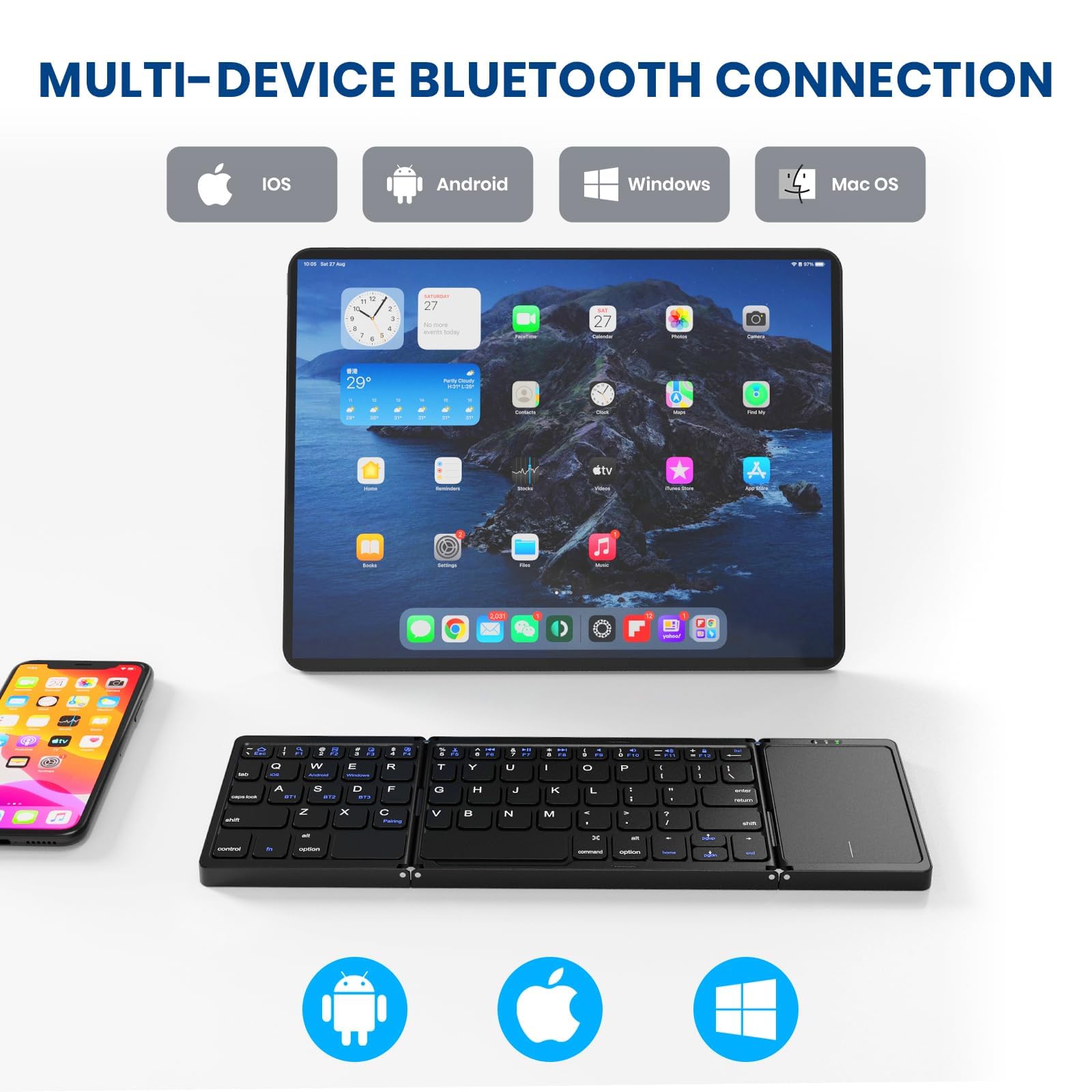 HAMOPY Foldable Keyboard, Tri-Folding Wireless Portable Bluetooth Keyboard with Sensitive Touchpad Mouse (Sync Up to 3 Devices), Pocket-Sized Rechargeable Travel Keyboard for Windows Mac Android iOS