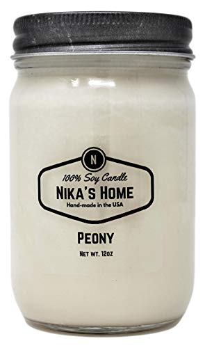 Nika's Home Peony Soy Candle 12oz Mason Jar Non-Toxic White Soy Candle-Hand Poured Candle- Handmade, Long Burning 50-60 Hours Highly Scented All Natural, Clean Burning Large Candle Gift DΓ©cor