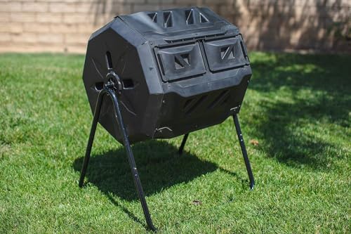 MaxWorks 50891 Compost Tumbler Bin Composter Dual Chamber 42 Gallon, Bundled with Gloves