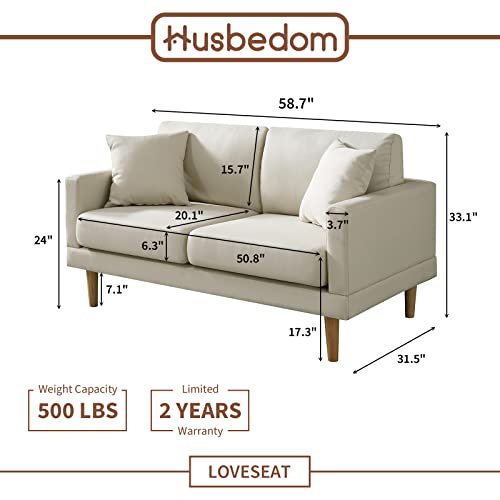 Husbedom 59" Loveseat Sofa, Modern Small Couches for Small Spaces, Living Room, Bedroom, Apartment, Dorm, with Throw Pillow, Beige