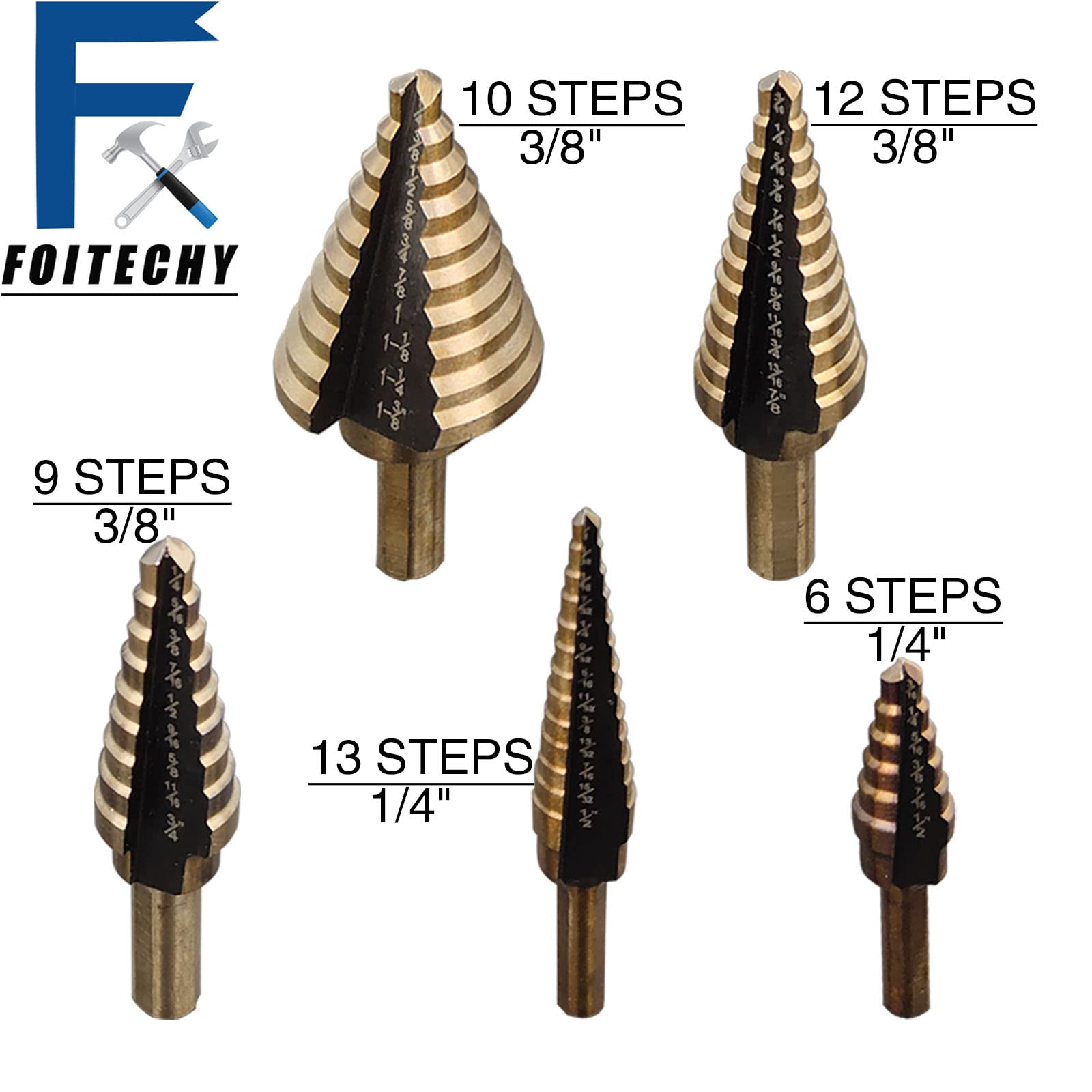 FOITECHY 5Pcs High Speed Step Drill Bit,Stainless Steel Metric Step Drill Bit,Cobalt Step Drill Bits for Metal,50 Sizes in 5 High Speed Steel Unibit Drill Bits Set for Sheet Metal with Aluminum Case