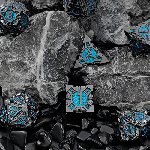 DND Dungeons and Dragons Dice with Gift Box & Dice Bag Metal Polyhedral Large D&D Dice Set for RPG MTG Pathfinder Role Playing Dice D and D Dice D20 D12 D10 D8 D6 D4 Black Flash Blue