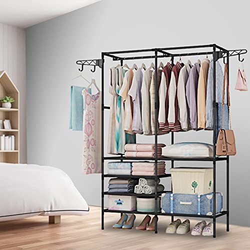 KOCASO Clothes Garment Rack 42.1"x14"x66.1", Metal Clothing Rack, Freestanding Wardrobe Closet Rack with 4 Shelves, Closet Organizer with 2 Hanging Rods Black